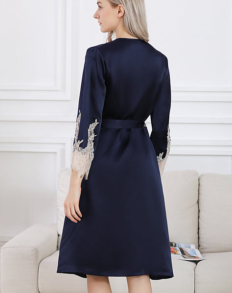 Black Lace Silk V Neck Half Sleeves Silk Robe Silk Set For Women – sheyle